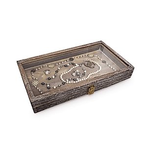MOOCA Wood Glass Top Jewelry Display Case Accessories Storage, Wooden Jewelry Tray for Collectibles, Pocket Knife Display Case with Metal Clasp and Tempered Glass Top Lid, 2.75 Inch High, Coffee