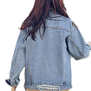 Saukiee Oversized Denim Jacket Distressed Boyfriend Jean Coat Jeans Trucker Jacket for Women Girls Lightblue M