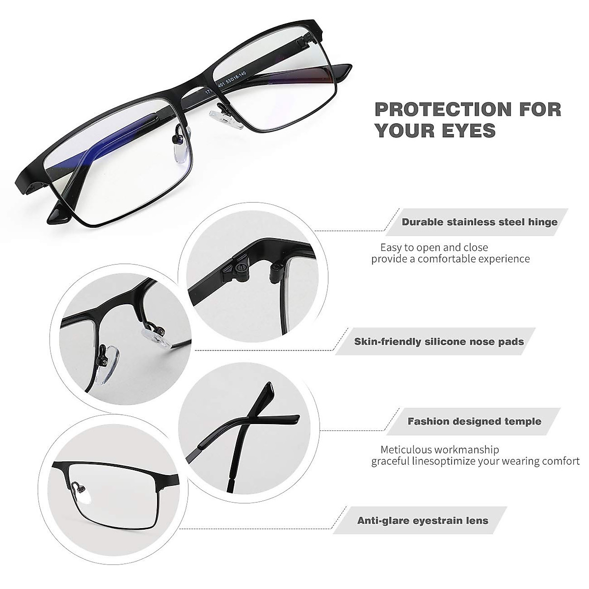 JOO'RTI Blue Light Glasses, Bluelight Blocking Glasses, Metal Rectangle Frame Gaming Computer Glasses for Men, Fake Glasses, Black, 1 Pair