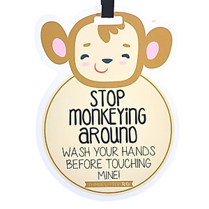 THREE LITTLE TOTS – Animal Theme No Touching Baby Car Seat Sign or Stroller Tag - CPSIA Safety Tested (Monkey)