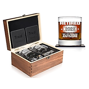 2023 Retirement Gifts for Men, Funny Retired 2023 Not My Problem Any More Whiskey Glass Wooden Gift Boxed Set, Happy Retirement Gifts for Boss, Office Coworkers, Dad, Husband, Brother, Friends