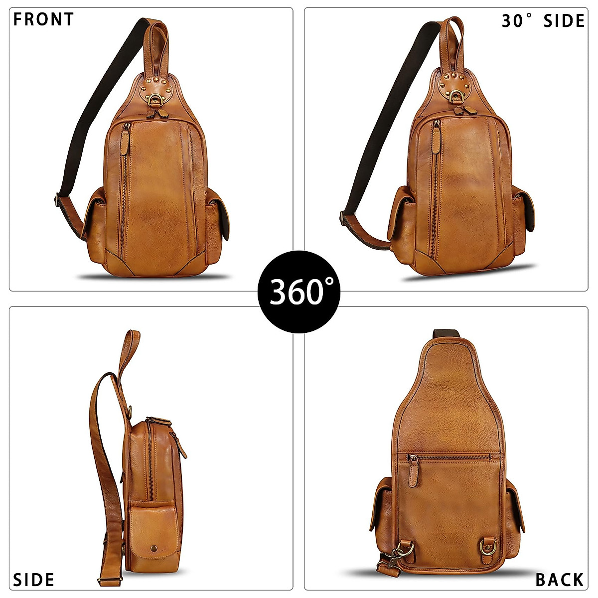 FEIGITOR Genuine Leather Sling Bag Handmade Retro Crossbody Backpack Purse Chest Shoulder Hiking Daypack Fanny Pack (Brown)