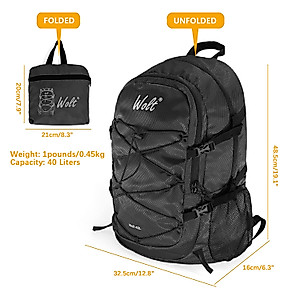 WOLT | Packable Hiking Backpack 40L Waterproof Camping Backpack Men Women Foldable Lightweight Hiking Daypack, Outdoor Travel Daypack (Dark Grey)