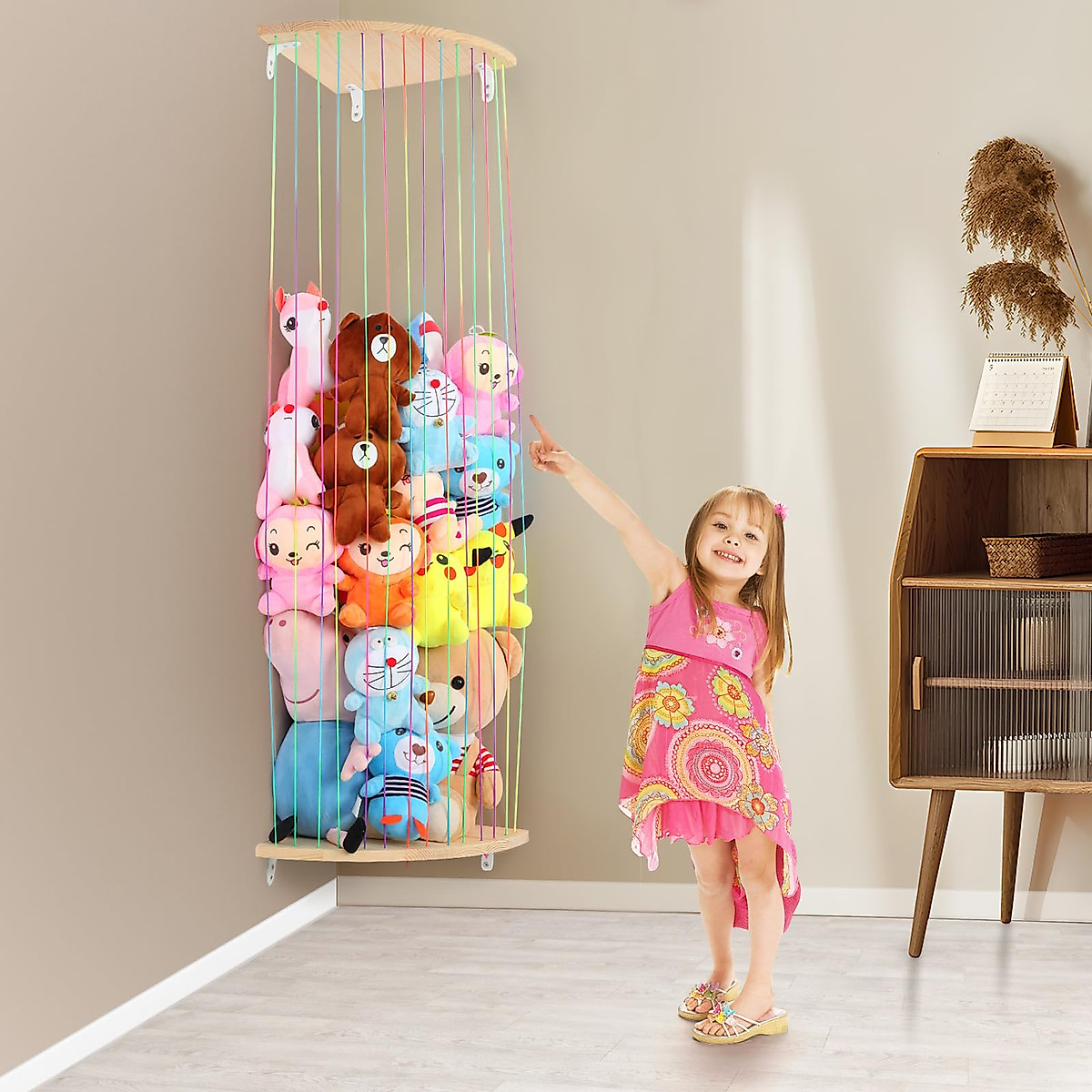 Stuffed Animal Storage, Wood Soft Toy Shelf with Adjustable Length Nursery Toy Organizer Hammock, Hanging Corner Net Stuff Animal Holder Zoo,Plush Toy Organizer for Play Room Bedroom Kids Room Décor