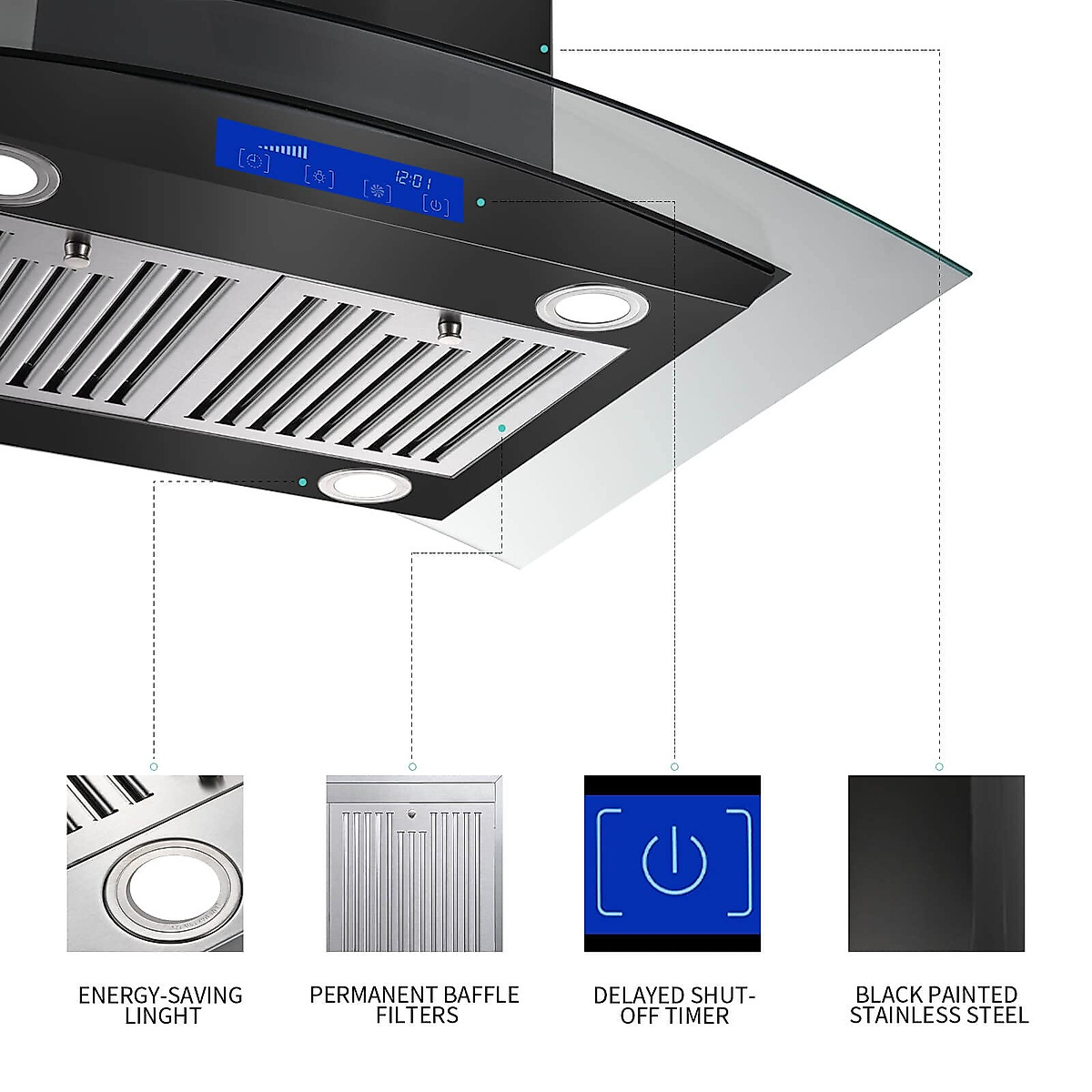 JOEAONZ 30 Inch Island Range Hood Black 700CFM Stainless Steel Convertible, Ceiling Mount Vent Hood with Tempered Glass, Kitchen Exhaust Fan, LED lights, LCD Touch Panel, Permanent Grease Filters