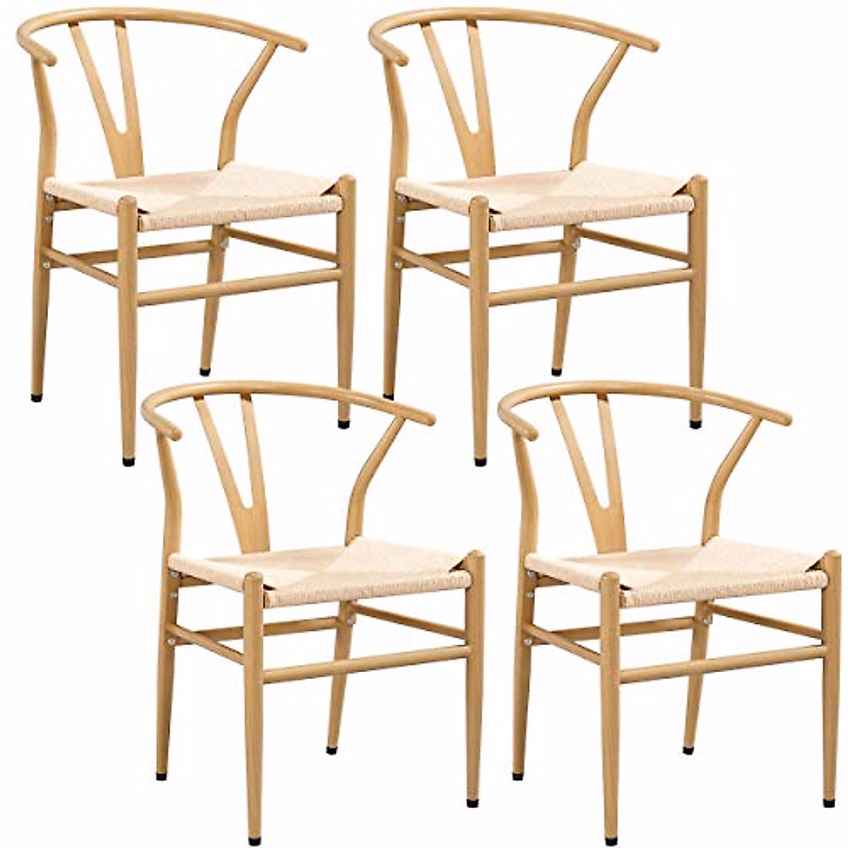 Yaheetech Set of 4 Weave Chair Mid-Century Metal Dining Chair Y-Shaped Backrest Hemp Seat, Wood Color