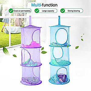 2 Pcs Hanging Mesh Storage Basket with 1 Stuffed Animals Toy Net Hammock, Hommtina Foldable Corner Organizer 3 Tier, Neatly Organize Kid’s Plush Toys and Save Space (Blue+Purple)