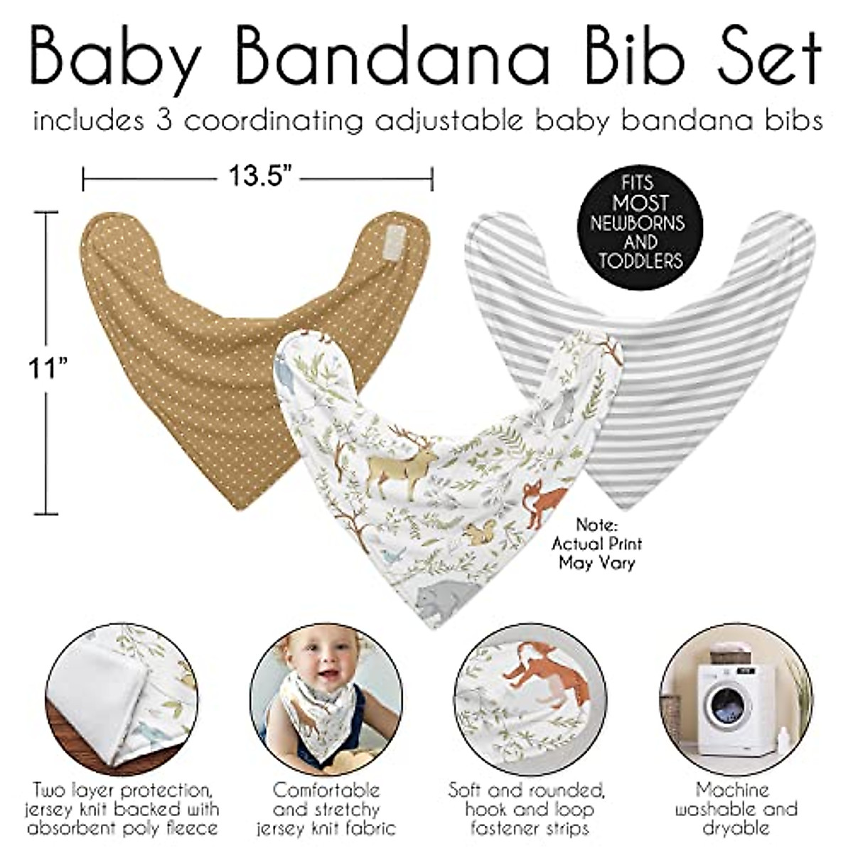 Sweet Jojo Designs Woodland Animal Toile Boy Girl Baby Bandana Bibs Newborn Infant Feeding Drool Blue Grey Green and Brown Gender Neutral Forest Animals Deer Fox 3 Pack Set Absorbent Fabric Bibdanas