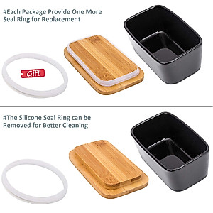 Arswin Butter Dish with Lid,Extra Large 650ml,Porcelain Keeper with Bamboo Lid Cover for 2 Sticks of Butter,Microwave Safe Easy Clean Butter Storage Container for Countertop Refrigerator (Black)