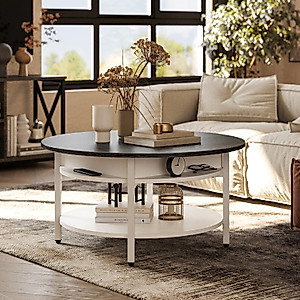 FABATO Round Lift Top Coffee Table with Storage and Hidden Compartment, 26.77'' Farmhouse Coffee Table for Living Room Reception Room, 2 Tier Small Round Coffee Table Circle Dining Table, White