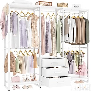 Aheaplus Garment Rack Heavy Duty Clothes Rack for Hanging Clothes,Clothing Rack with Drawers, Wood Stoarge Shelf Freestanding Closet Wardrobe Rack, Corner L Shaped Closet System Organizers, W3,White