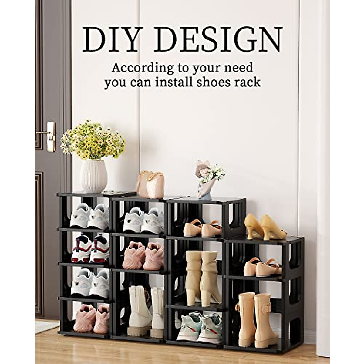 Shoe Organizer Shoe Rack for Small Spaces 5 Tier Plastic Vertical Narrow Shoe Shelves for Closet Black Shoe Holder, Stand For Entryway Shoe Storage Boots Organizer Stackable Shoe Cabinet