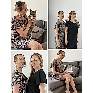 Ekouaer 2 Pack Nightgowns for Women Loose Night Shirt Comfy Sleepwear Ladies Soft Loungewear Black and Leopard XL