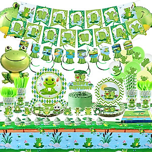 Frog birthday Party Decoration, Frog Party Supplies Tableware Includes Paper Plates, Balloons and HAPPY BIRTHDAY Banner for Green Frog Camping Baby Shower Kids Birthday Dinnerware Party, Serves 20