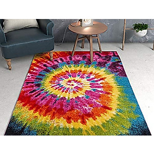 Tie Dye Retro Rainbow Trippy Multi Hippie Red Orange Yellow Green Modern Painting 3X5 (3'3" X 5') Area Rug Easy Clean Stain Fade Resistant Shed Contemporary Geometric Art Thick Soft Plush