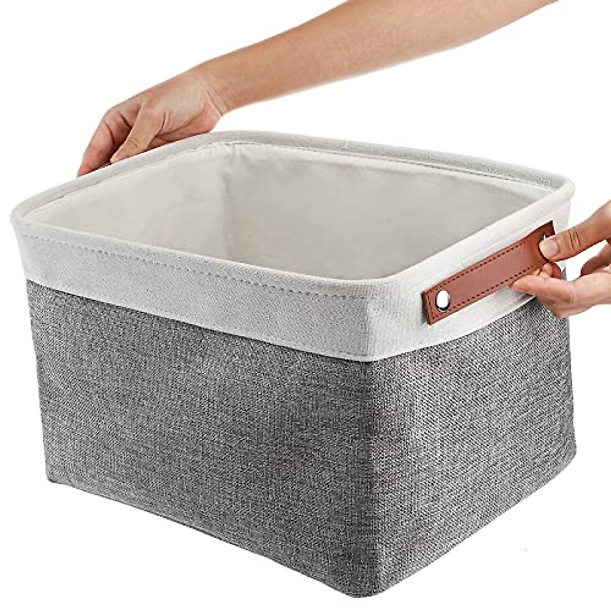 ZOOFOX 4 Pack Fabric Storage Bins, Foldable Rectangular Fabric Storage Bins with Leather Handles, Closet Baskets for Organizing Shelves, Nursery, Home, Office, 15" x 11" x 9.5"