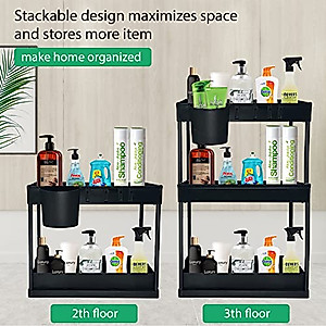 Under Sink Organizers and Storager,Under the Sink Organizer Kitchen Sink Organizer with Hooks, Hanging Cup,2-Tier Multi-purpose Holywarm Under Sink Organize,Bathroom Organizer, 2 Pack