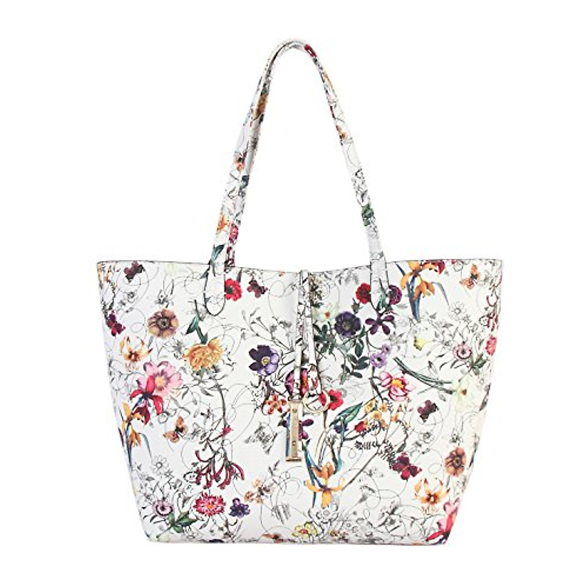 DIOPHY PU Leather Colorful Floral Pattern Two Tone Reversible Large Tote Womens Purse Handbag with Matching Crossbody Bag 2 Pieces Set FL-6000 FL-6001 (White exterior-Red interior)