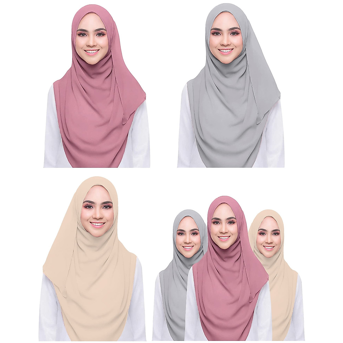 QYMY 3PCS Women Soft Chiffon Scarves Solid Color Hijab Muslim Head Scarf Long Scarf Wrap Scarves chiffon Scarf (Beige+Grey+Red bean powder)