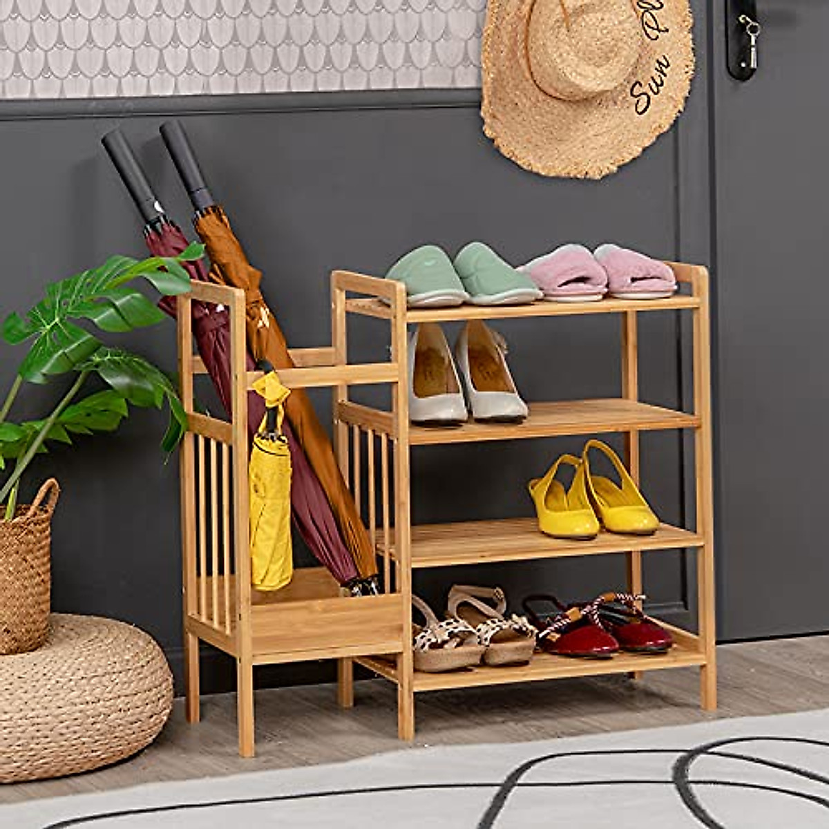 Giantex 4-Tier Bamboo Shoe Rack, Multifunctional Storage Stand, Entryway Organizer w/ Umbrella Holder & Storage Shelves, Ample Storage Space, Freestanding Shoe Shelf for Living Room, Hallway