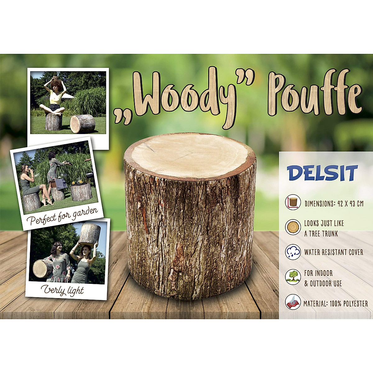 Delsit Woody Outdoor Pouf Ottoman - European Made Waterproof & Lightweight Round Seat - Stylish Home Decor & Living Room Furniture -Versatile Footrest & Seating for Indoor & Outdoor | Original Print