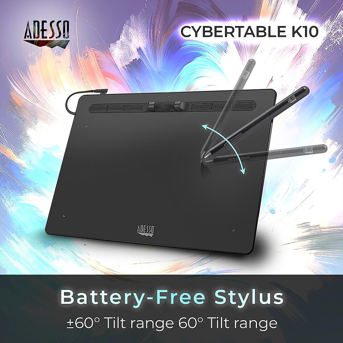 Adesso Large Graphics Drawing Tablet Pad 10 x 6 Inch 8192 Levels Battery-Free Pen, 6 Customizable Keys with Scroll Wheels, Compatible with PC/Mac/Android OS for Painting, Design & Online Teaching