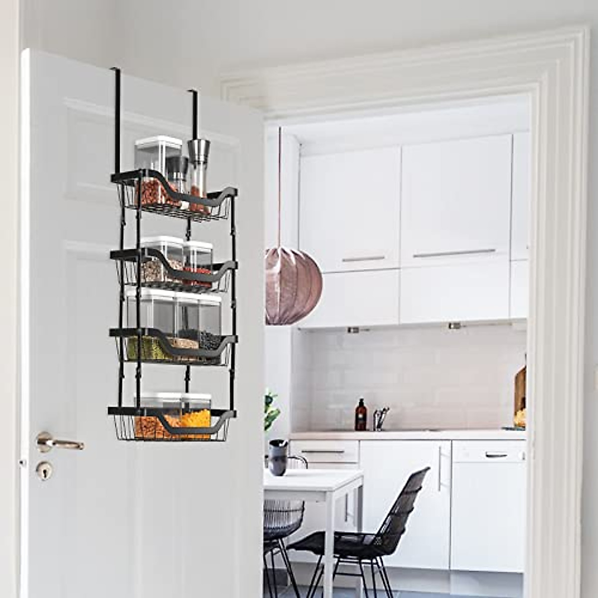 Chemailon Over The Door Hanging Organizer, 4-Shelf Wall Mount Metal Wire Storage Rack Behind Door for Bedroom Living Room Pantry Bathroom (Black)