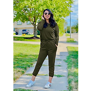 PRETTYGARDEN Women's 2024 Fall Two Piece Outfit Long Sleeve Crewneck Pullover Tops and Long Pants Tracksuit (Army Green,Medium)