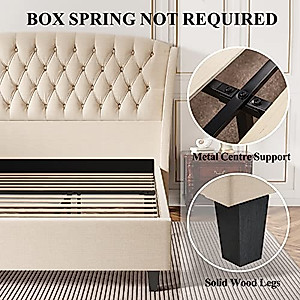Jocisland Upholstered Bed Frame King Size Platform Bed Linen Deep Button Tufted Handmade Headboard Shell Wingback/No Box Spring Needed/Wood Slats(Beige)