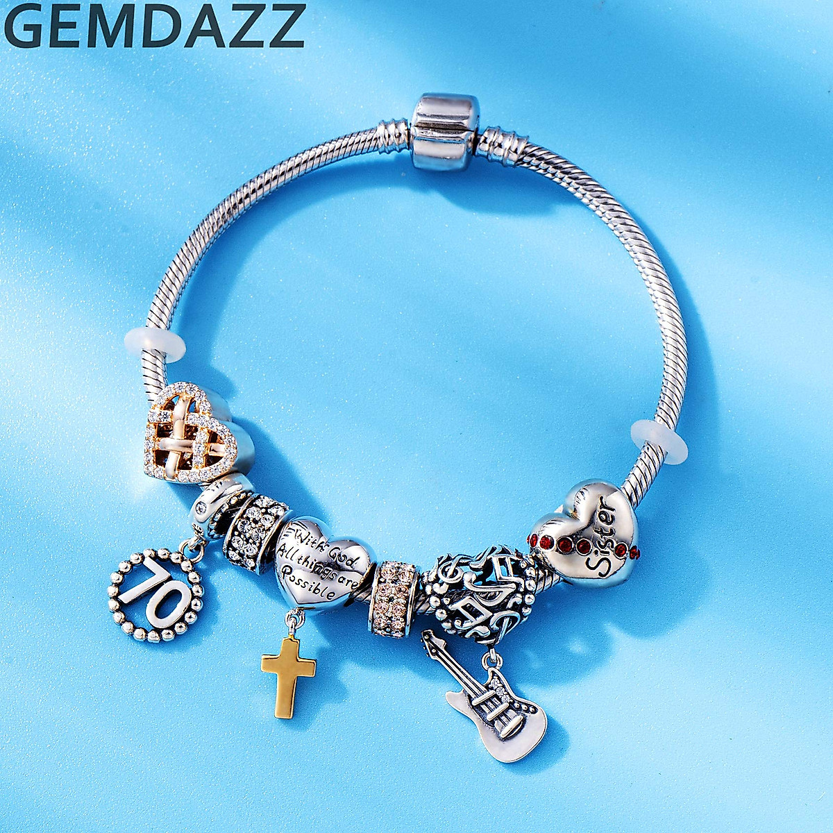 Golden Cross Religious Heart Charms with God All Things Are Possible, 925 Sterling Silver Christian Beads fit Pandora Christmas Bracelet, Gift for Birthday/Easter/Mothers Day/Grandma