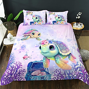 AILONEN Kawaii Sea Turtle Duvet Cover Set Full Size, Ocean Turtle Bedding Set for Girls Kids,Watercolor Tie Die Turtle Comforter Cover,Moon and Sails Duvet Cover,3 PCS,1 Quilt Cover and 2 Pillowcases