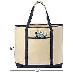 Handy Laundry Canvas Tote Beach Bag - Large Bags with Shoulder Straps, Strong Enough to Carry Beach Gear and Wet Towels. Front Pocket, Inside Zippered Pocket. (Navy Blue)