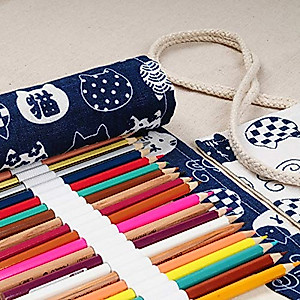 Enyuwlcm Canvas Stationery Handmade Roll Up Pencil Case for Artist Pencil Wrap Coloring Pencil Holder 24/36/48/72 Slots Cat Pattern Blue(72slots)