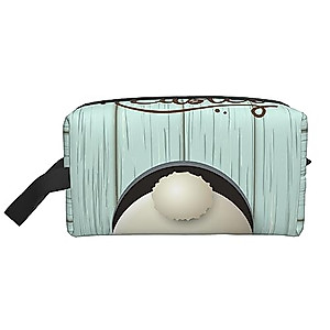 Women Lightweight Makeup Bag Pouch Compatible with Bunny Rabbit Eggs Blue Wooden Happy Easter Toiletry Bag, Funny Travel Cosmetic Bag Portable Bag with Zip for Office College