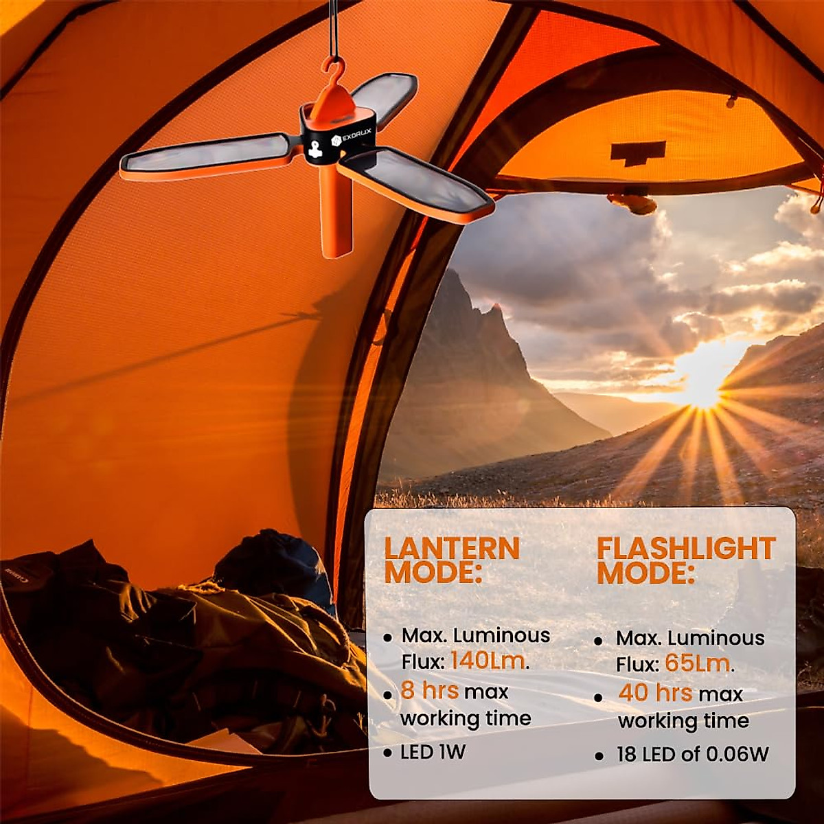 EXORUX 3in1 Solar Camping Lantern/Outdoor Tent Flashlights for Camping, Collapsible Clover Style LED Emergency Light, USB Fast Rechargeable Solar Lantern for Power Outages, Hanging Camping Flashlight