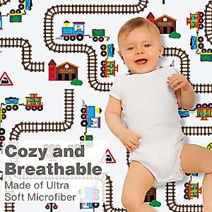 Everyday Kids 2 Pack Fitted Boys Crib Sheet, 100% Soft Breathable Sheet, Fits Standard Size Crib Mattress 28in x 52in, Nursery Sheet - Train/Light Blue