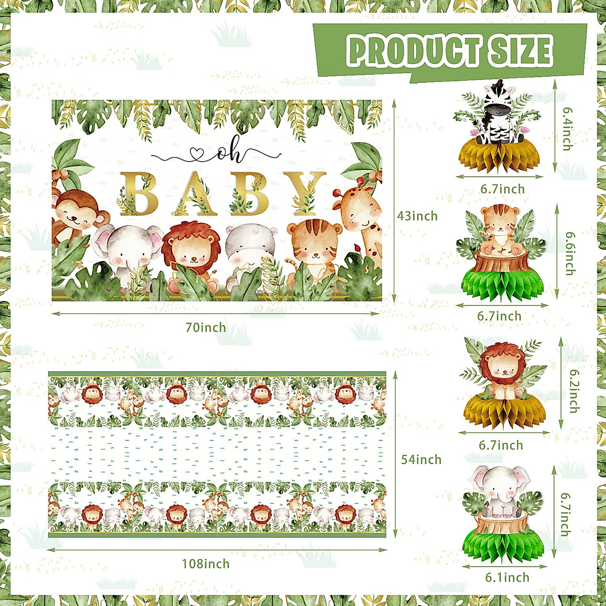 Safari Jungle Baby Shower Decorations, Jungle Animal Party Supplies Decor for Boy Girl Showers Birthdays with Banners Cake Topper Cupcake Topper Balloons Sash Corsage