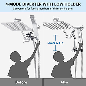 G-Promise All Metal 12 Inch Shower Head with Massage Mode Handheld, Rain Shower Head with Handheld Spray Combo, 3-Way Diverter with Pause Setting, 11 Inch Adjustable Extension Arm (Chrome)