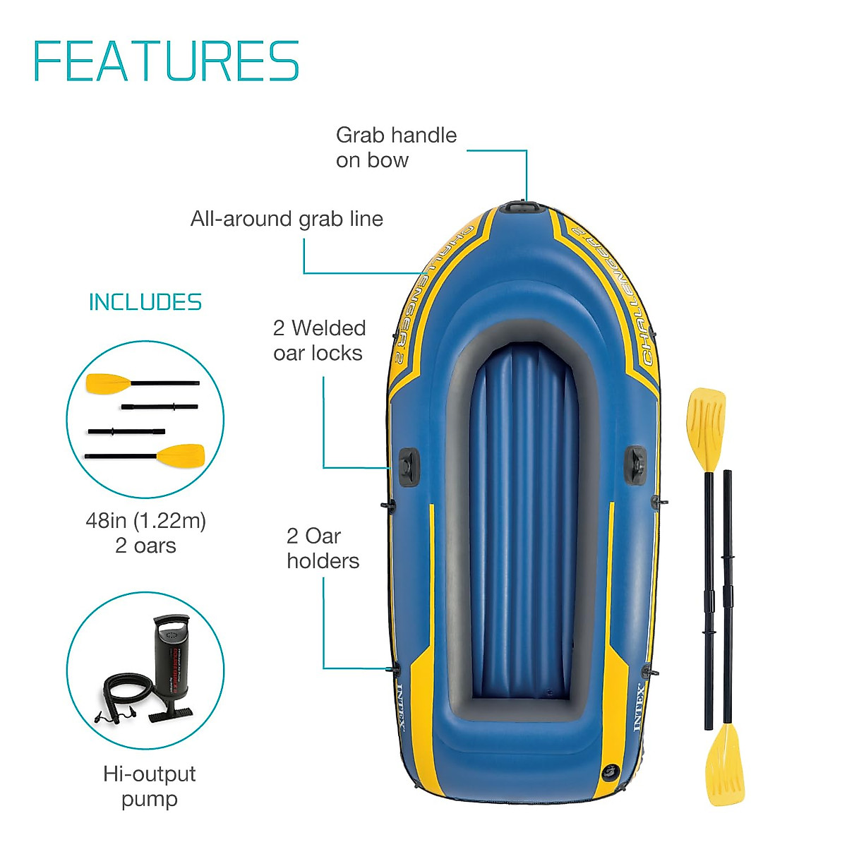 Intex 68367EP Challenger 2 Inflatable Boat Set: Includes Deluxe 48in Boat Oars and High-Output Pump – Triple Air Chambers – Welded Oar Locks – 2-Person – 440lb Weight Capacity
