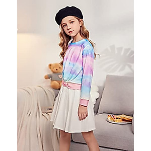 Arshiner Girls Casual Twist Front Light Weight Sweatshirt Tie Dye Printed Long Sleeve Crop Tops Pullover Size 7-8 Years