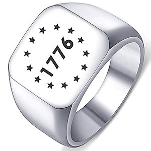 Dacai Laser Engraved 13 Star Revolutionary Field (1776) Silver Stainless Steel Men's Womens Ring