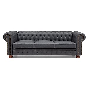 Chesterfield 3 Seater Faux Leather Sofa, Button Tufted Upholstered Couch with Nailhead Arms Removable Cushions Rubber Wood Legs for Living Room Office Apartment (Dark Gray)