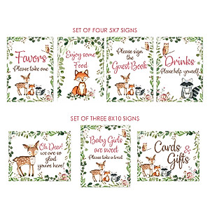 Set of 7 Woodland Baby shower signs, 5x7 and 8x10, woodland food, drinks, favors, welcome and guest book signs