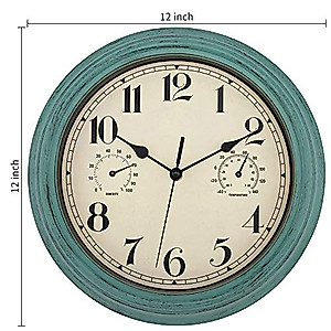 Foxtop Indoor Outdoor Waterproof Wall Clock with Thermometer and Hygrometer Combo,12 Inch Retro Silent Battery Operated Round Clock for Patio Home