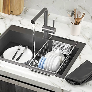 Sink Dish Drying Rack, 304 Stainless Steel Rustproof Expandable Dish Drainer Organizer with Stainless Steel Silverware Holder Over Inside Sink-Adjustable 14.96" to 20.59" （Maximium 11 Upright Dishes ）