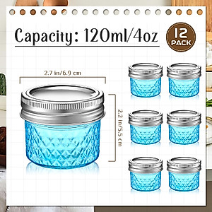 Zhehao 12 Pcs Mason Jars 4 oz with Regular Lids Mini Canning Jelly Honey Jars for Wedding Shower Favors DIY Projects Candle Holding Spice Jam Fruit Smoothie Salad Dressing Ketchup(Light Blue)