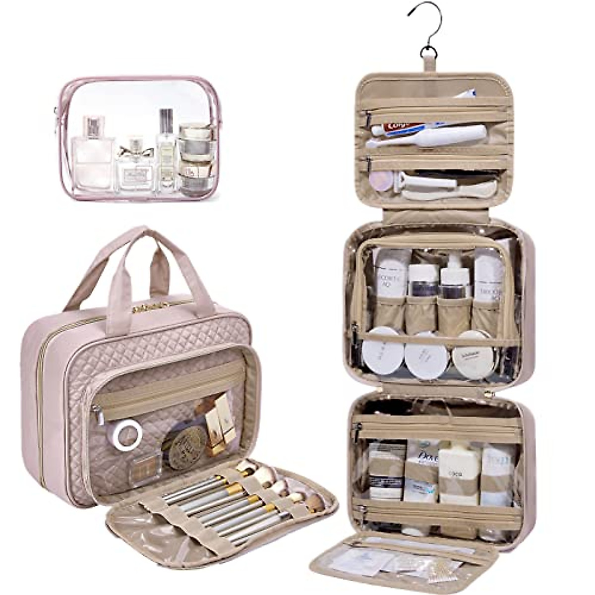 MIZATTO Toiletry Bag for Women, Hanging Travel Makeup Bag Organizer with TSA Approved Transparent Cosmetic Bag for Full Sized Toiletries, Makeup Brushes, Travel Accessories