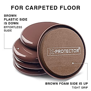 Furniture Sliders X-PROTECTOR - 8+8 Pack 3 1/2” - Brown Multi-Surface Furniture Sliders for Carpet & Hard Floors - 8 Furniture Movers for Carpeted Floors and 8 Hardwood Socks - Move Furniture Easily!