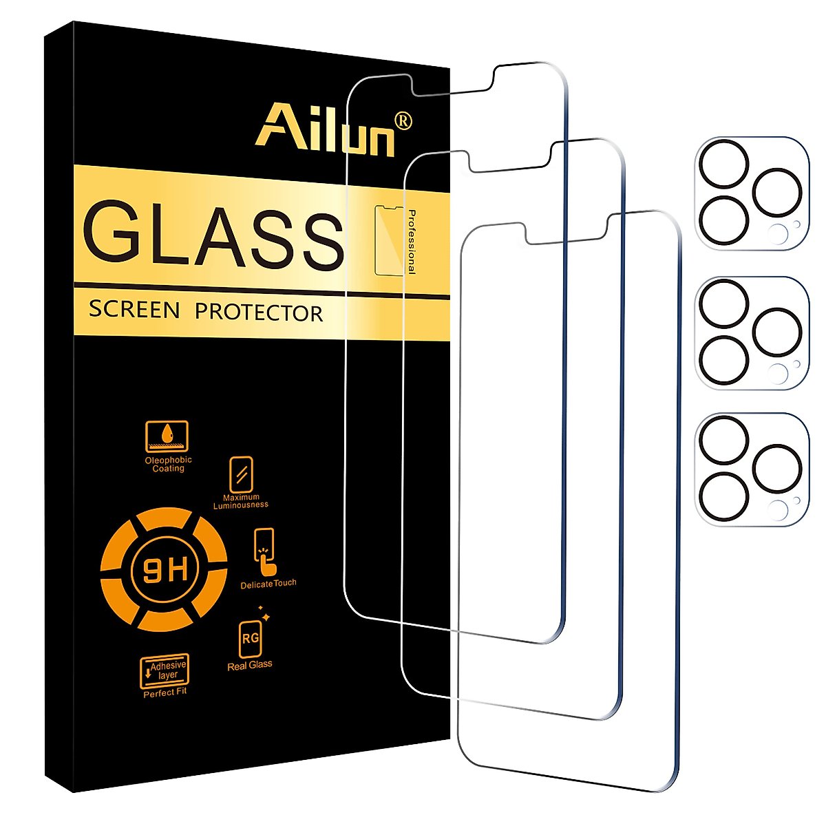 Ailun 3 Pack Screen Protector for iPhone 13 Pro Max [6.7 inch] Display 2021 with 3 Pack Tempered Glass Camera Lens Protector,[9H Hardness]-HD Case Friendly【6Pack】