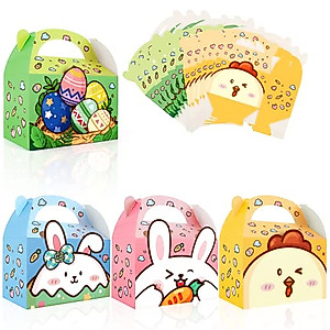 24 Pcs Easter Treat Boxes Happy Easter Gift Boxes, Easter Cookie Gift Box with Handle Bunny Eggs Easter Basket Containers Rabbit Shape Candy Goody Cookie Box Holder for School Classroom Party Favor Supplies